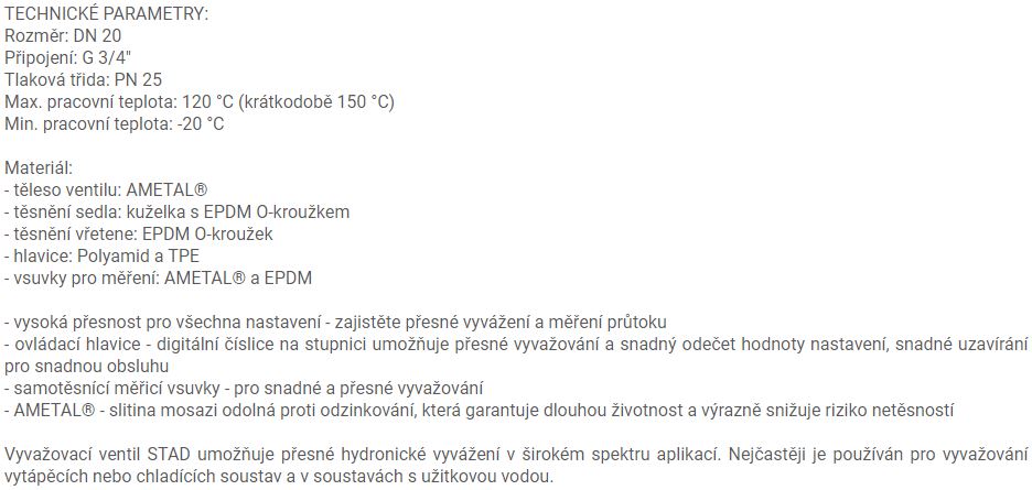 TA STAD 3/4" vyvažovací ventil DN20, PN25, uzatváracie, s vypúšťaním G3 ...